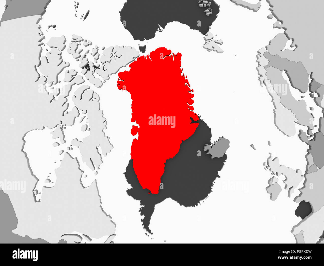 Greenland in red on grey political map with transparent oceans. 3D ...