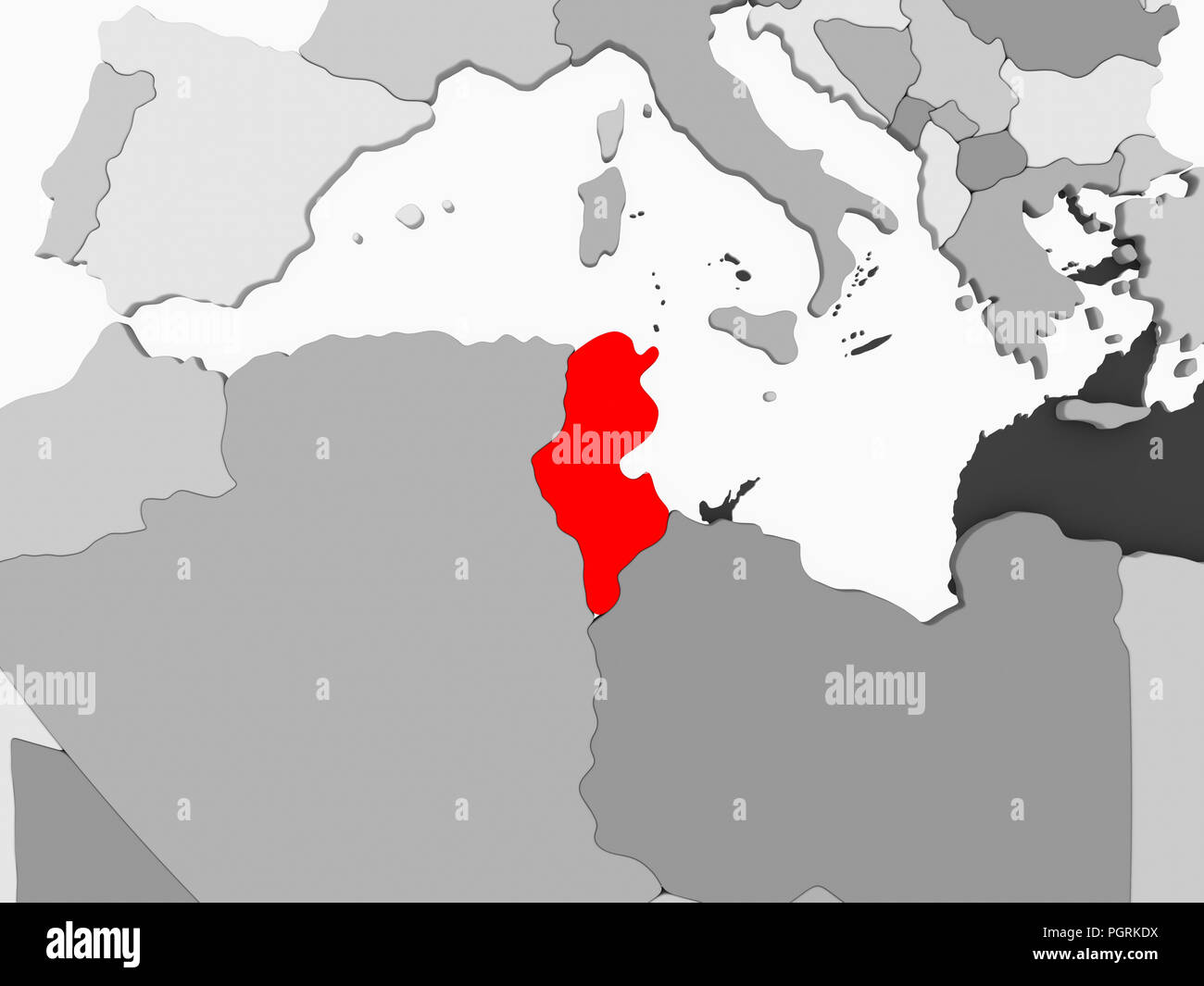 Tunisia in red on grey political map with transparent oceans. 3D illustration Stock Photo - Alamy