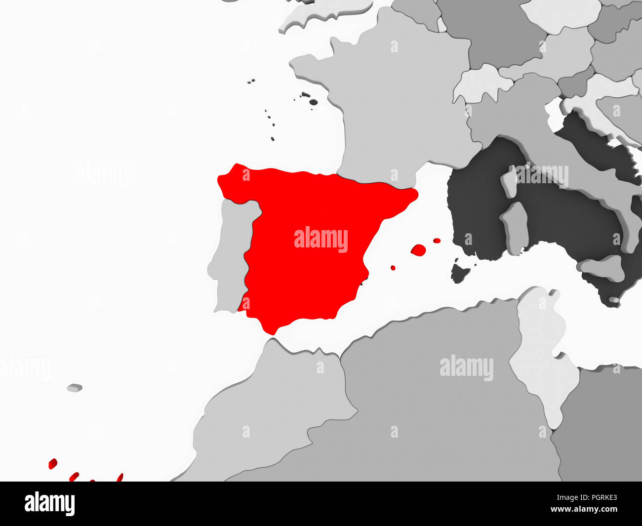Spain in red on grey political map with transparent oceans. 3D ...