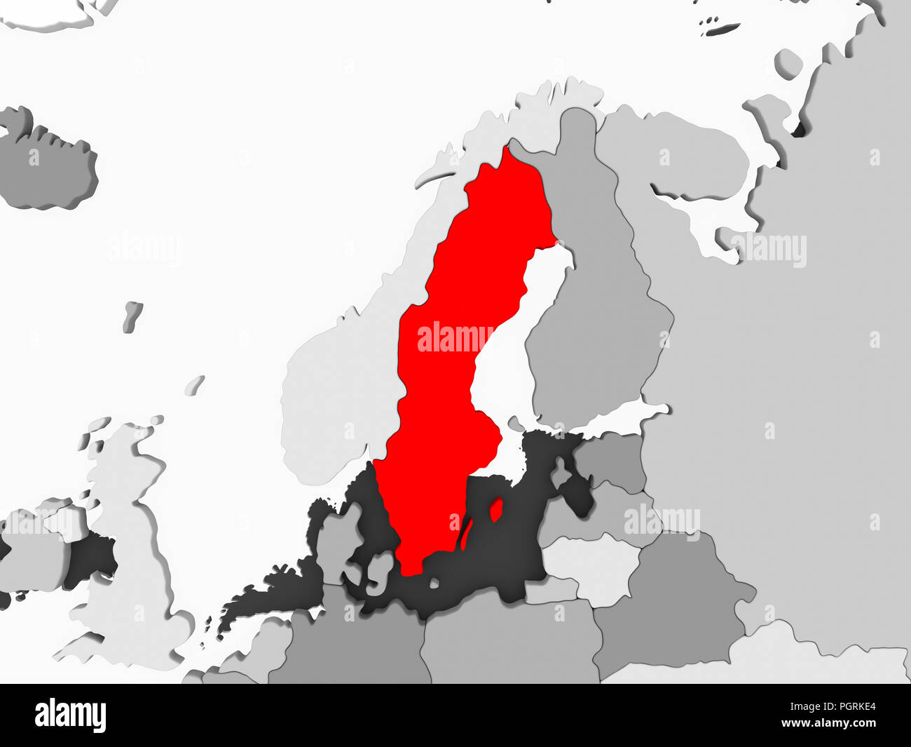 Sweden in red on grey political map with transparent oceans. 3D ...