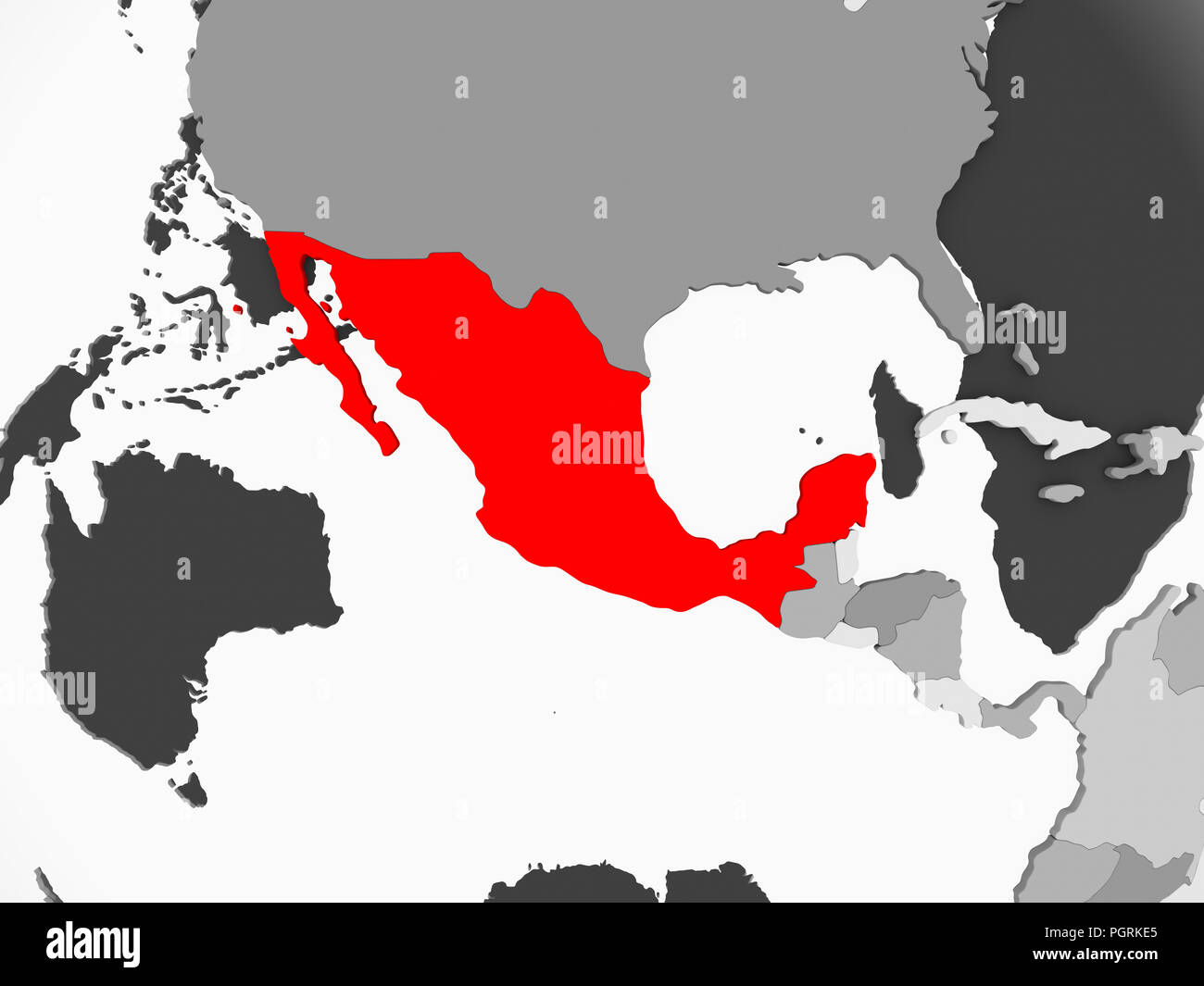 Mexico in red on grey political map with transparent oceans. 3D ...