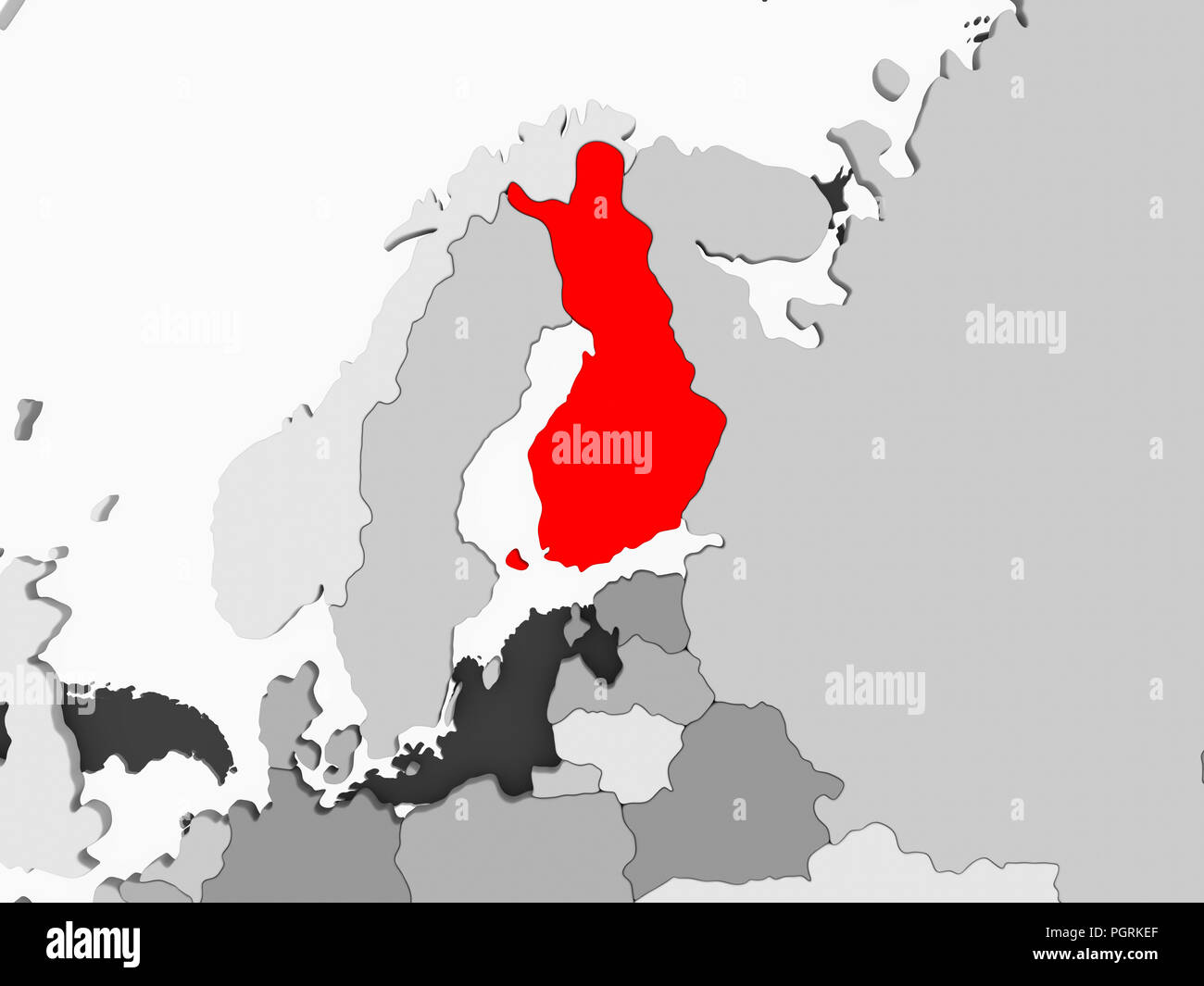 Finland in red on grey political map with transparent oceans. 3D ...