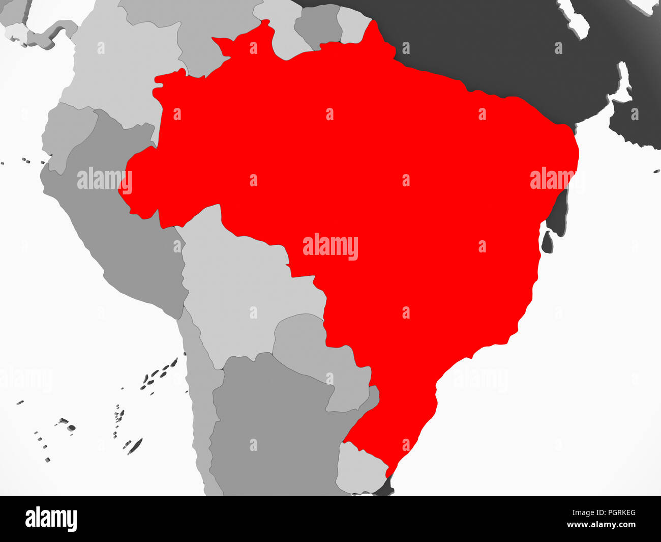 Brazil in red on grey political map with transparent oceans. 3D ...