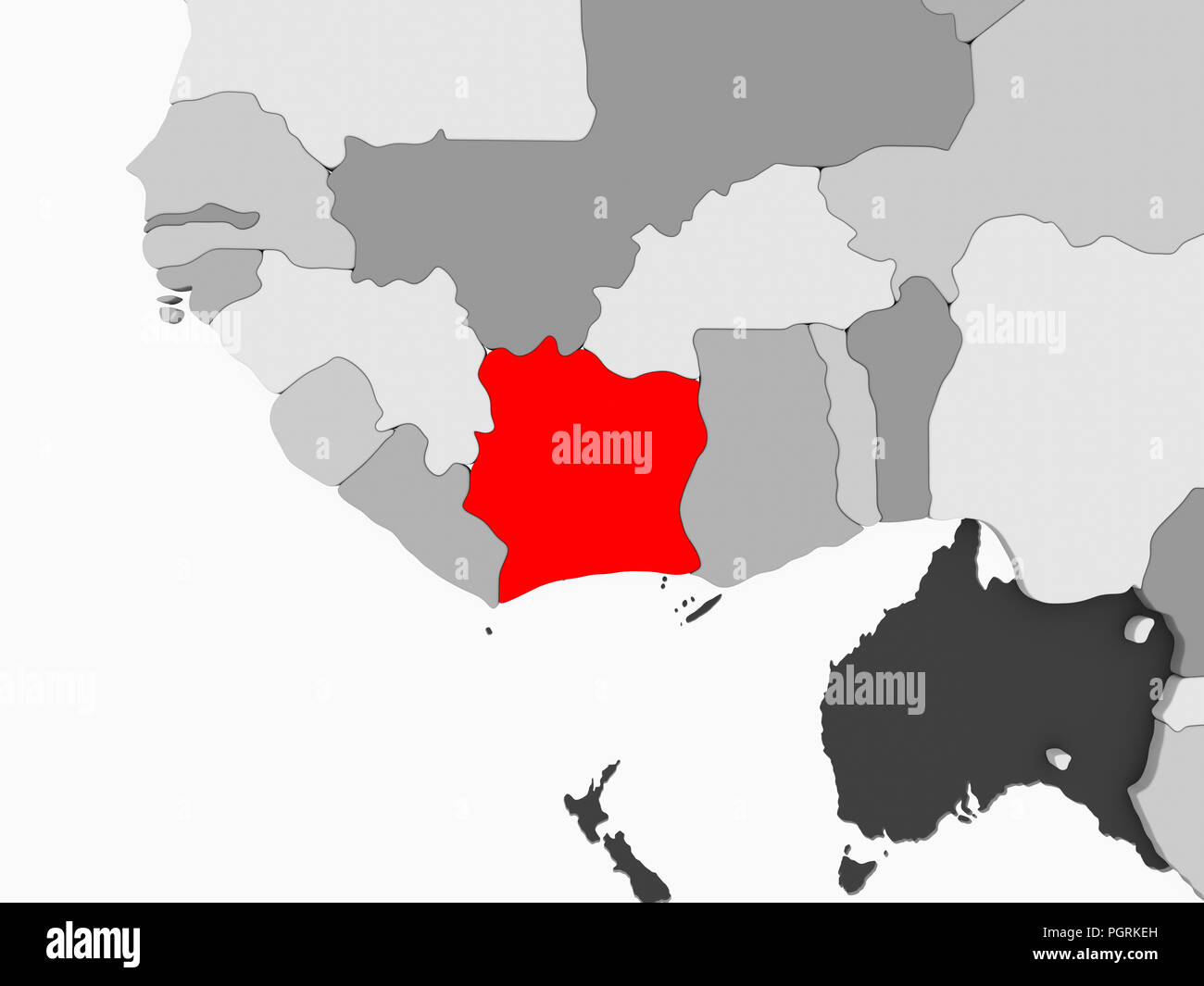 Ivory Coast in red on grey political map with transparent oceans. 3D ...