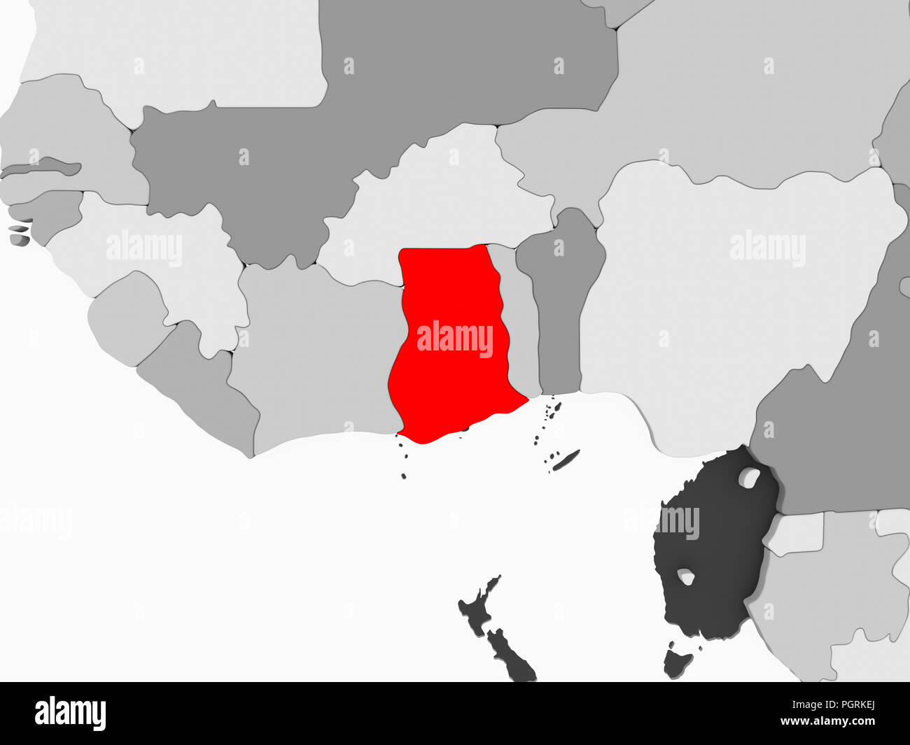Ghana in red on grey political map with transparent oceans. 3D ...