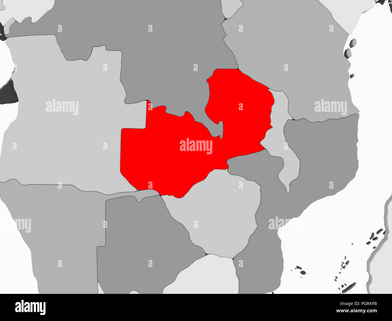 Zambia in red on grey political map with transparent oceans. 3D ...