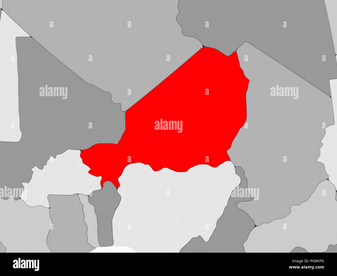 Niger in red on grey political map with transparent oceans. 3D ...