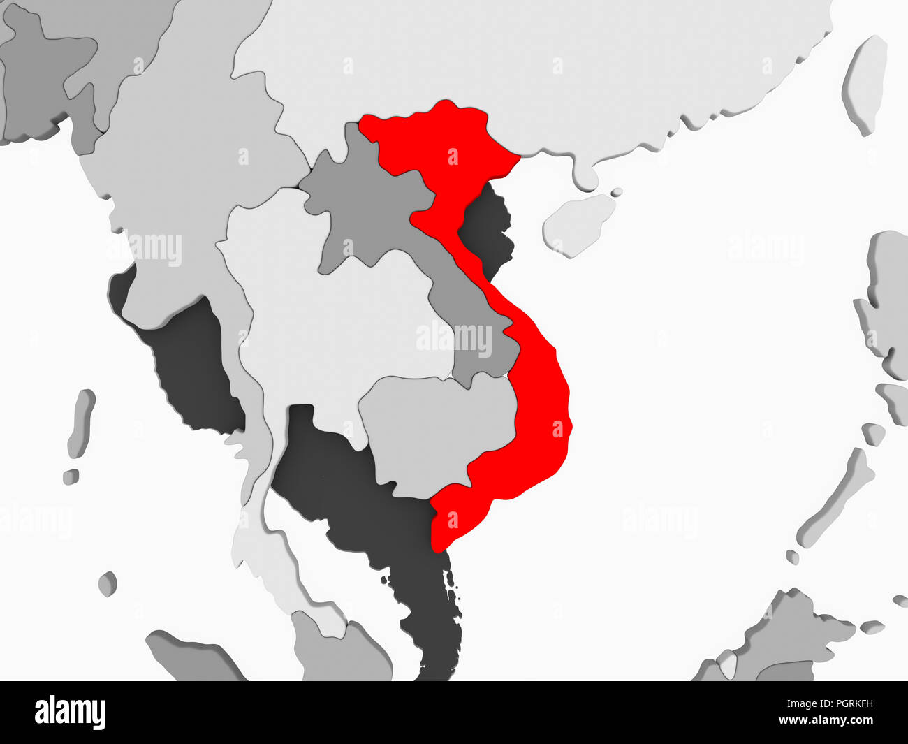 Vietnam in red on grey political map with transparent oceans. 3D ...