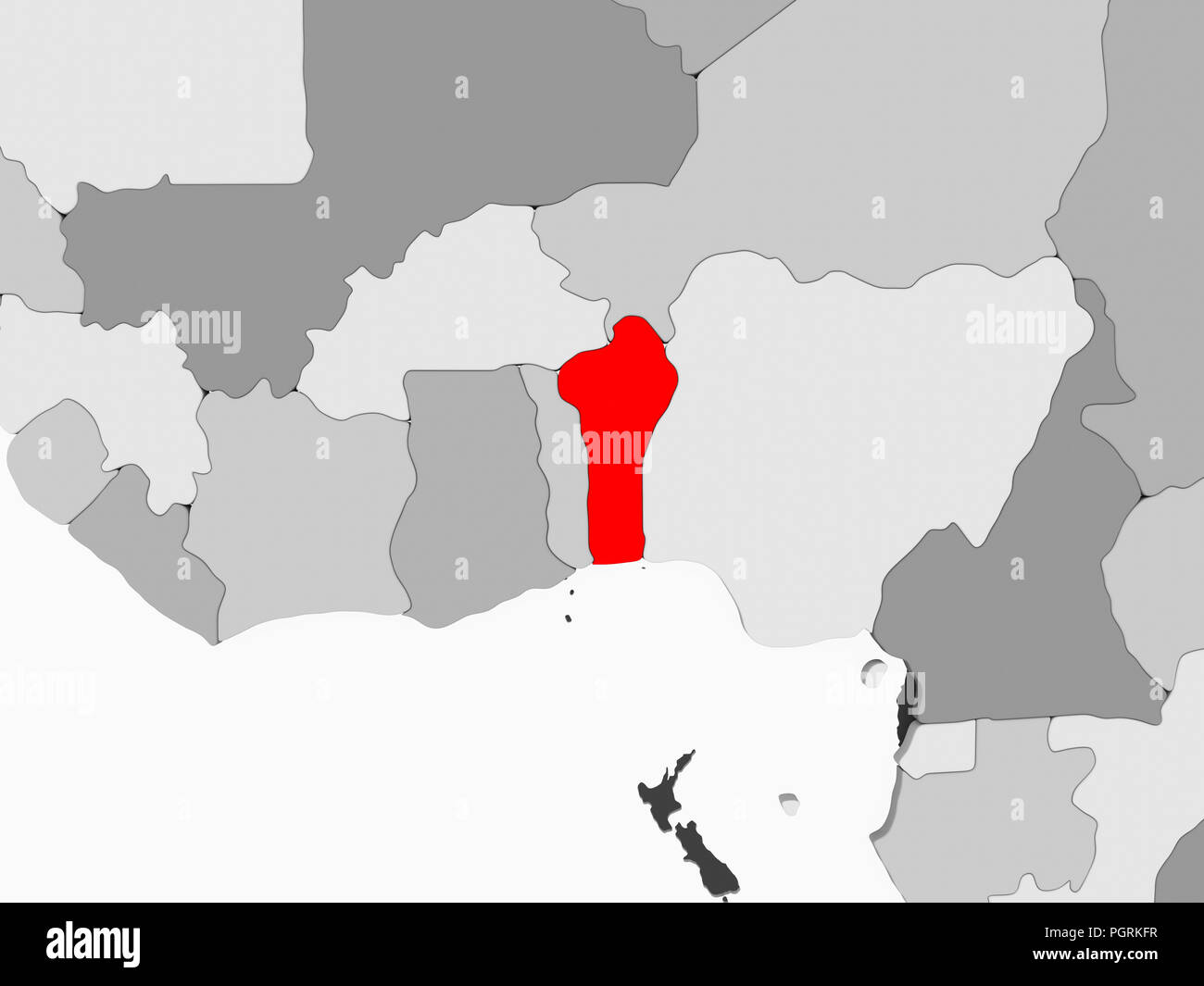 Benin in red on grey political map with transparent oceans. 3D ...