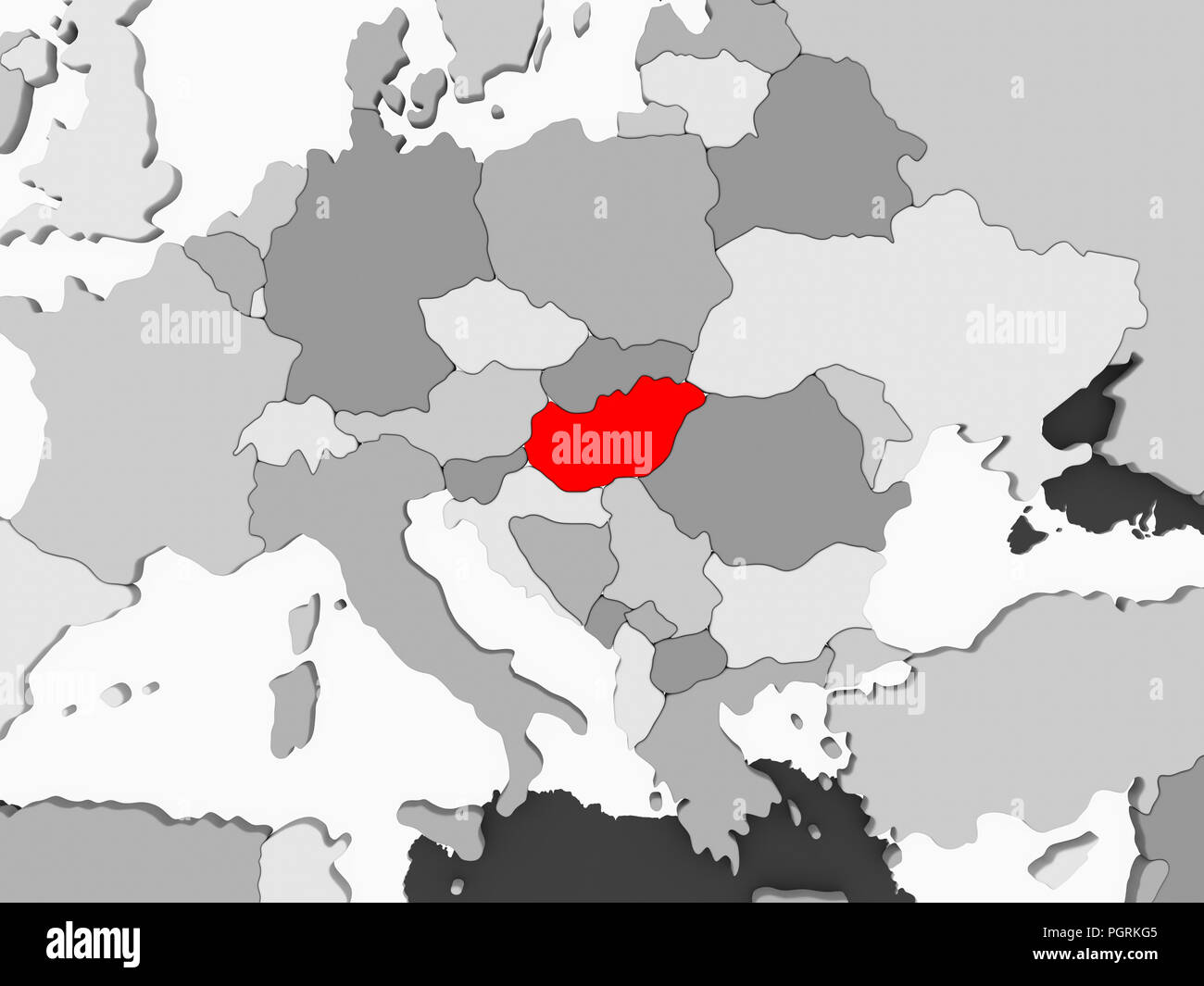 Hungary in red on grey political map with transparent oceans. 3D ...