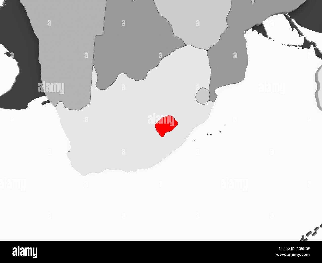 Lesotho in red on grey political map with transparent oceans. 3D ...