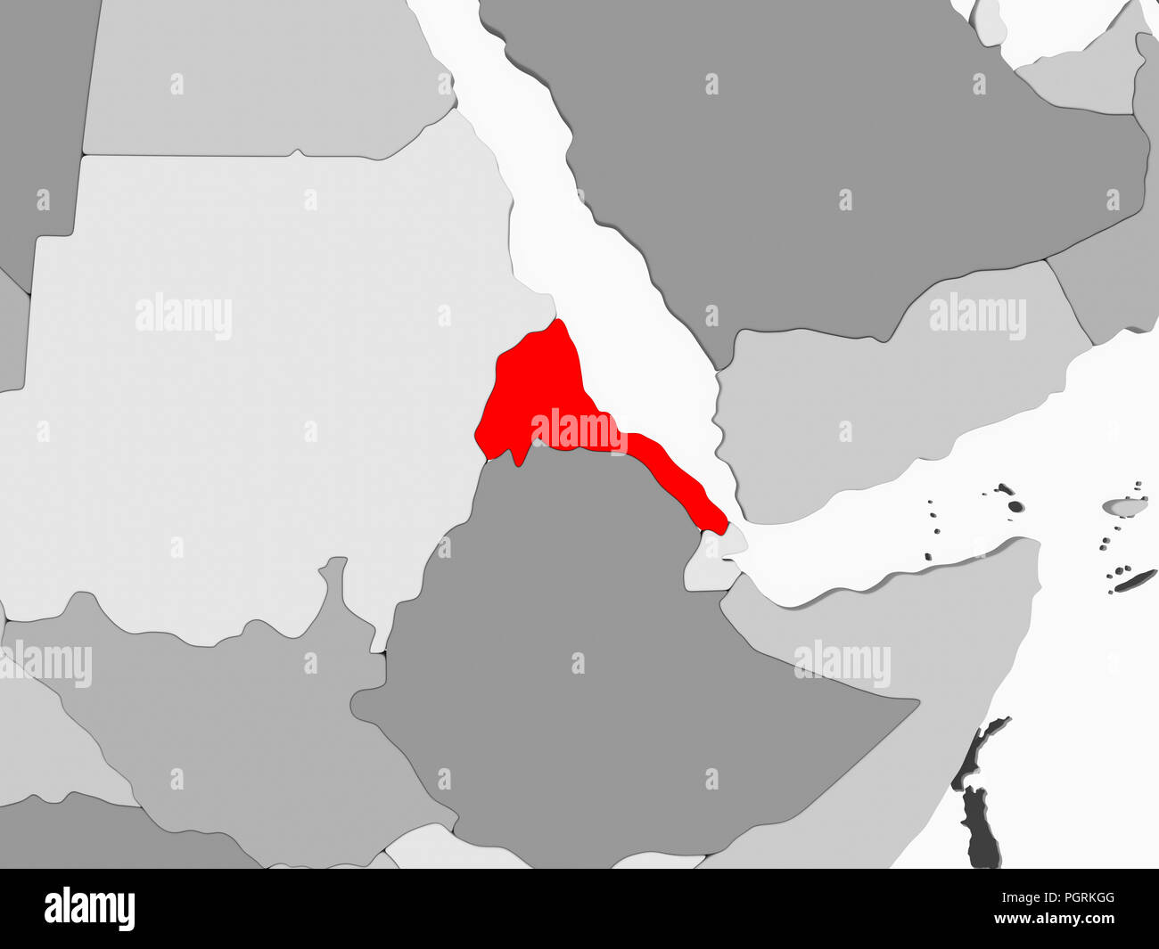 Eritrea in red on grey political map with transparent oceans. 3D ...