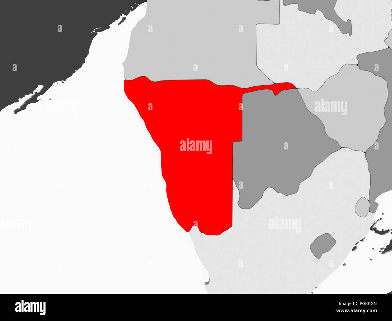 Namibia in red on grey political map with transparent oceans. 3D ...