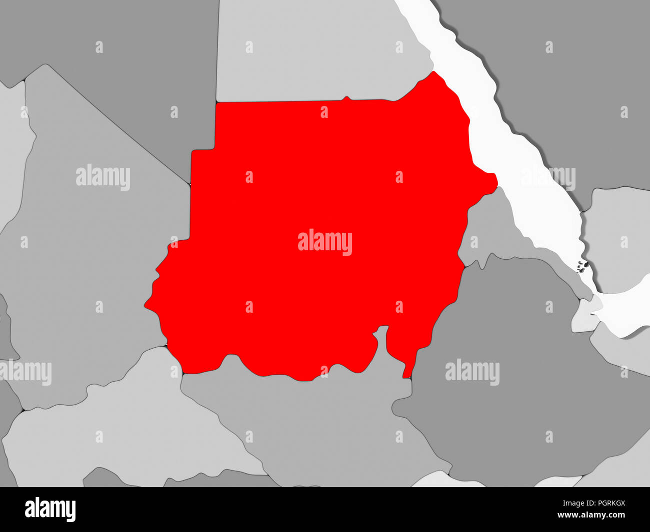 Sudan in red on grey political map with transparent oceans. 3D ...