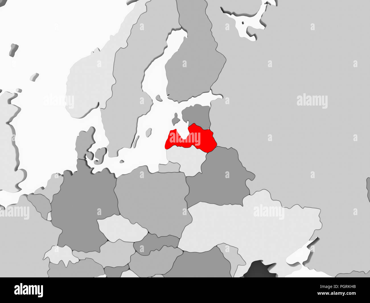 Latvia in red on grey political map with transparent oceans. 3D ...