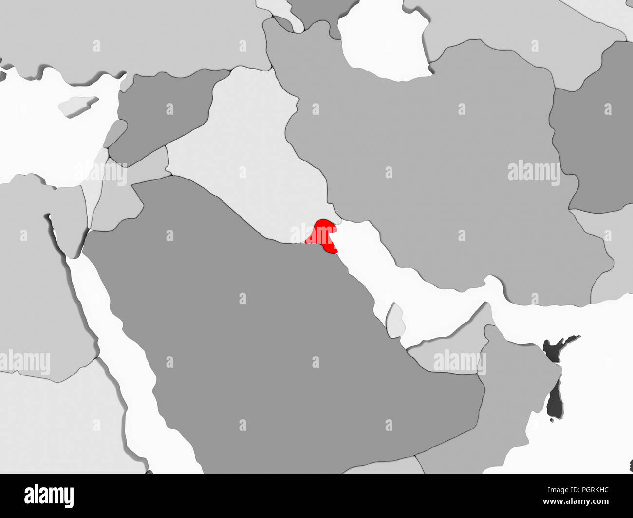 Kuwait in red on grey political map with transparent oceans. 3D ...