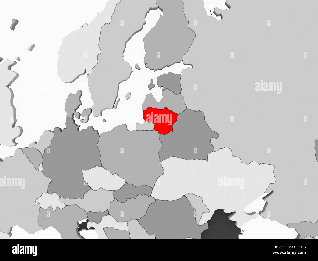 Lithuania in red on grey political map with transparent oceans. 3D ...
