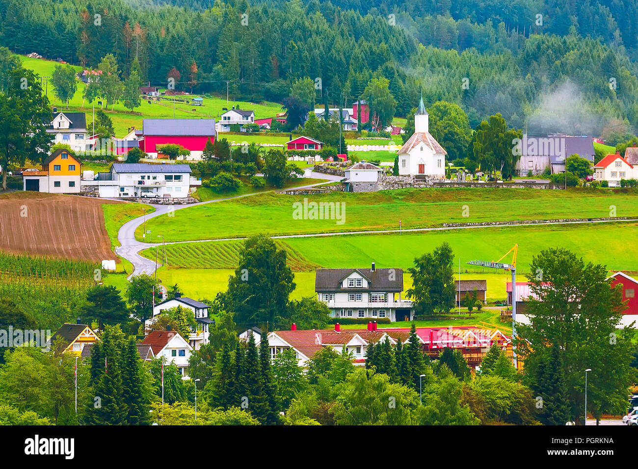 Norway Norwegian Tree Village Norway Mountain Landscape With Country