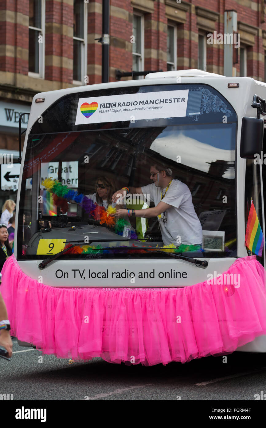 BBC Radio Manchester bus with a pink skirt taking part in the 2018 ...