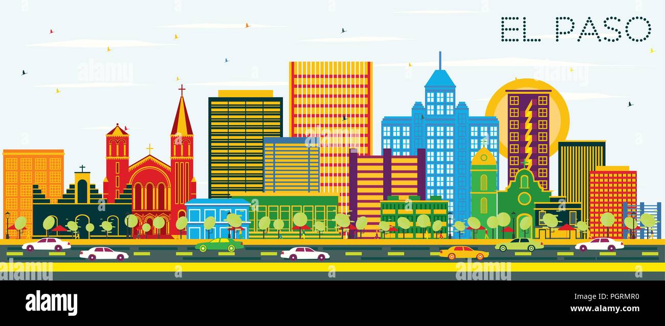 El Paso Texas City Skyline with Color Buildings and Blue Sky. Vector ...