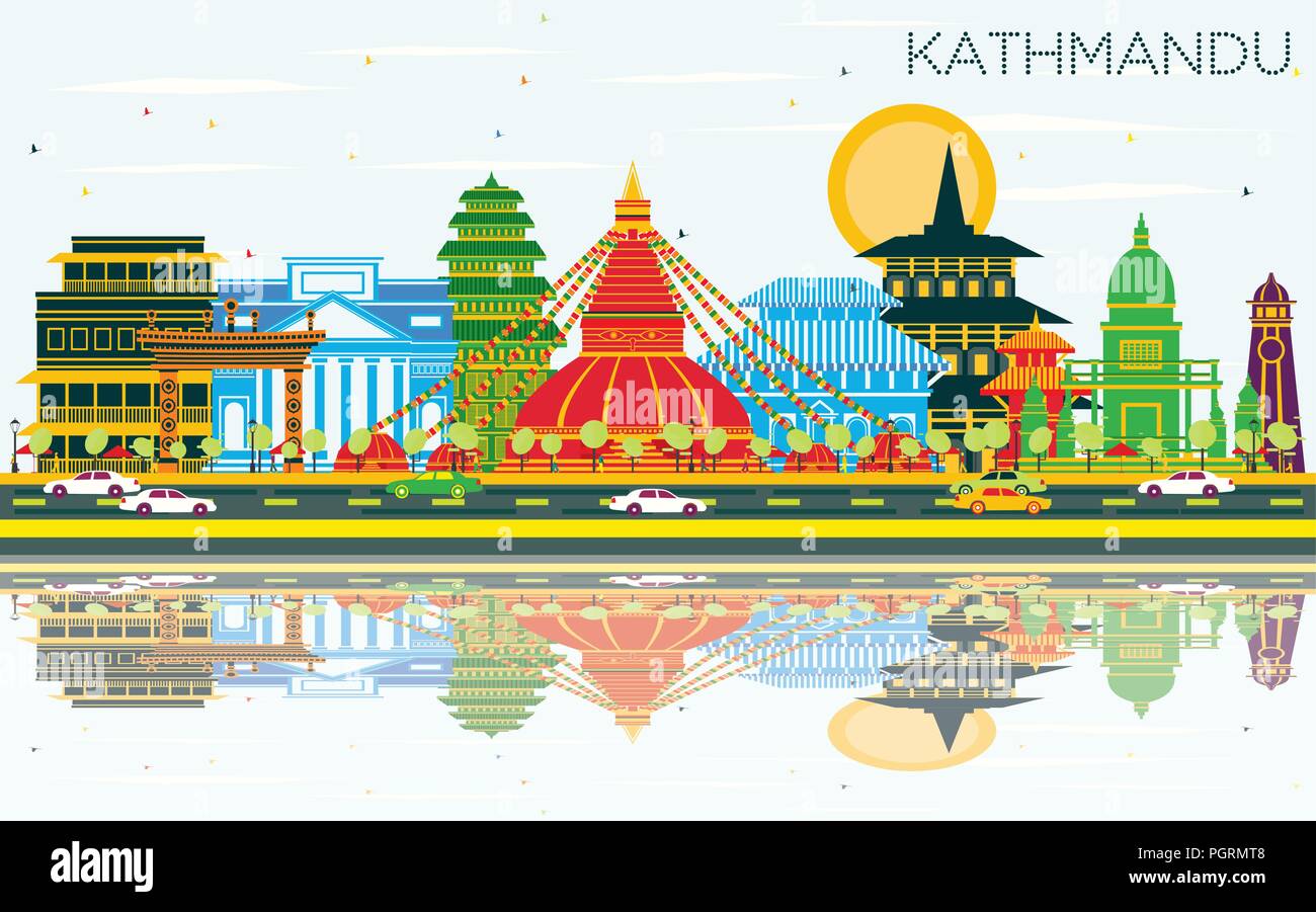 Kathmandu Nepal City Skyline with Color Buildings, Blue Sky and ...