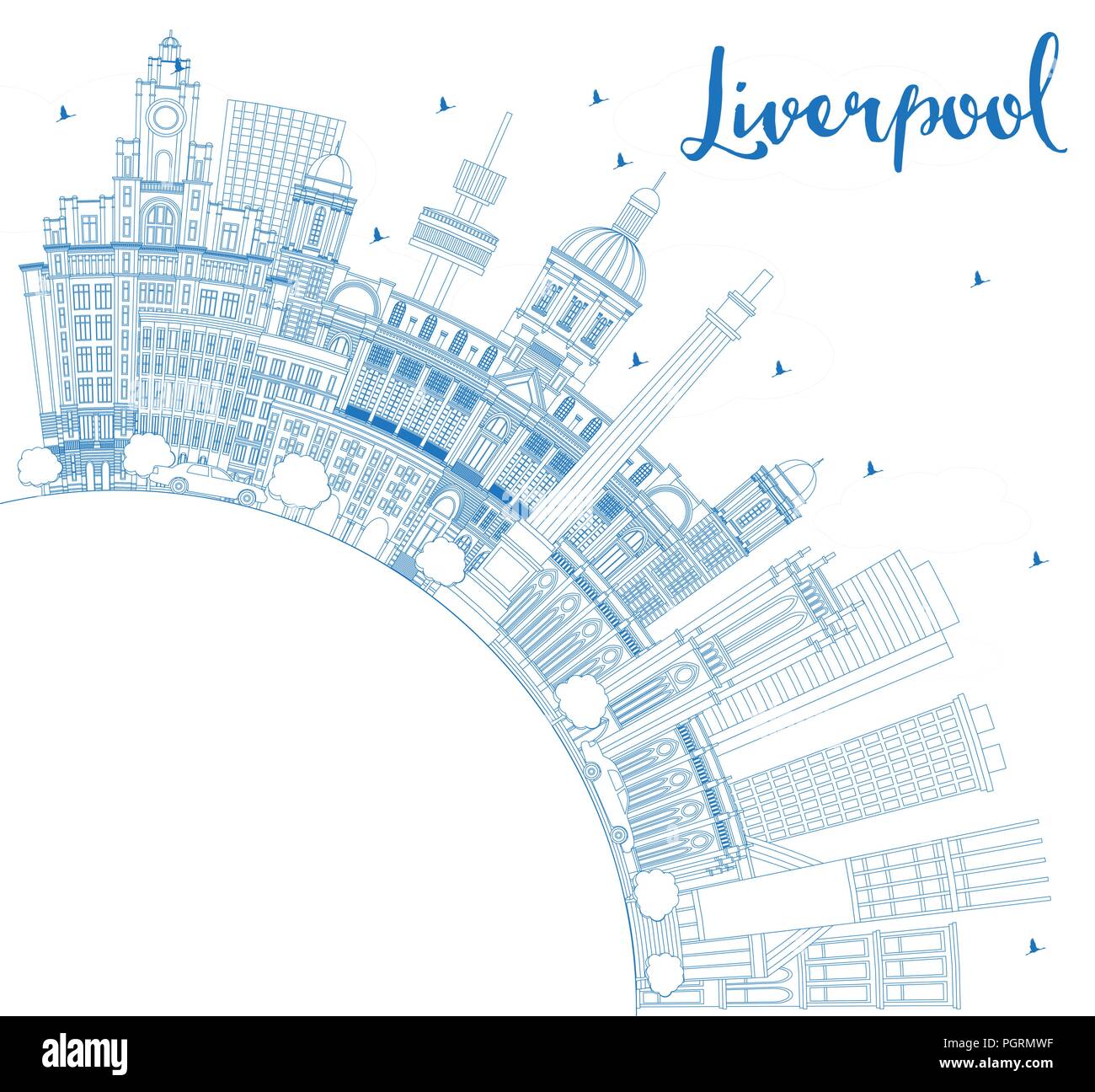 Outline Liverpool England Skyline with Blue Buildings and Copy Space ...