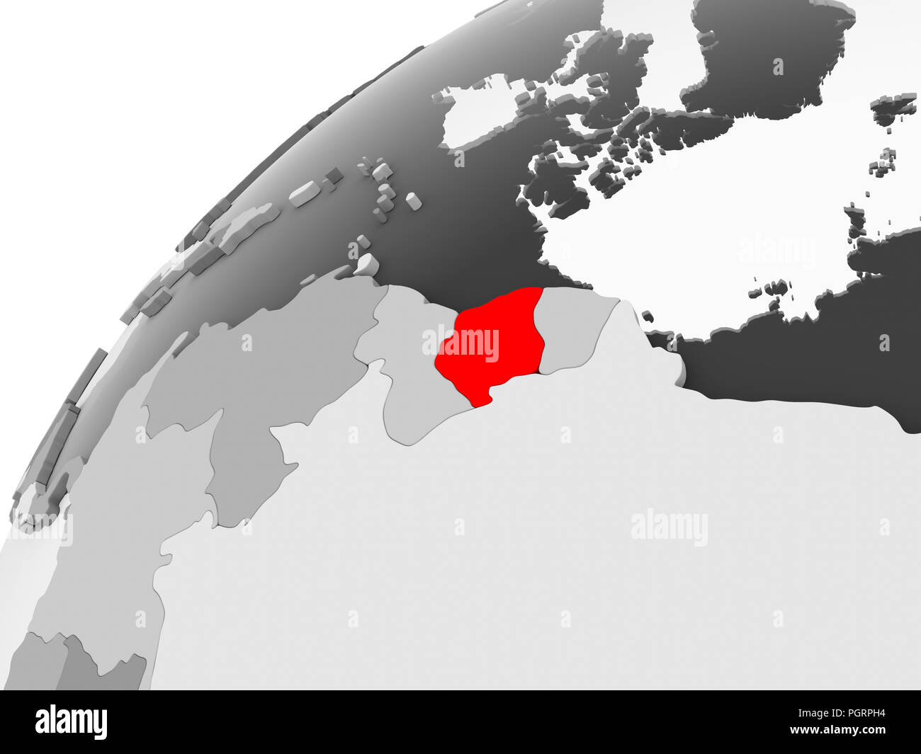 Map of Suriname in red on grey political globe with transparent oceans ...