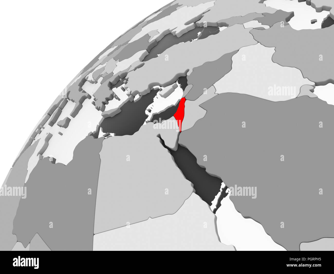Map of Israel in red on grey political globe with transparent oceans ...