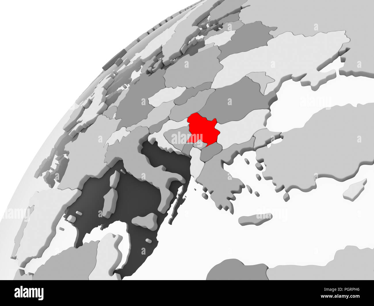 Map of Serbia in red on grey political globe with transparent oceans ...