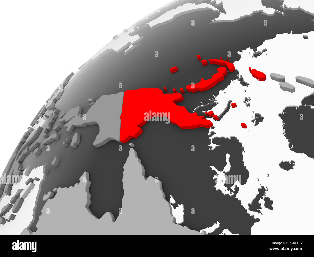 Map of Papua New Guinea in red on grey political globe with transparent ...