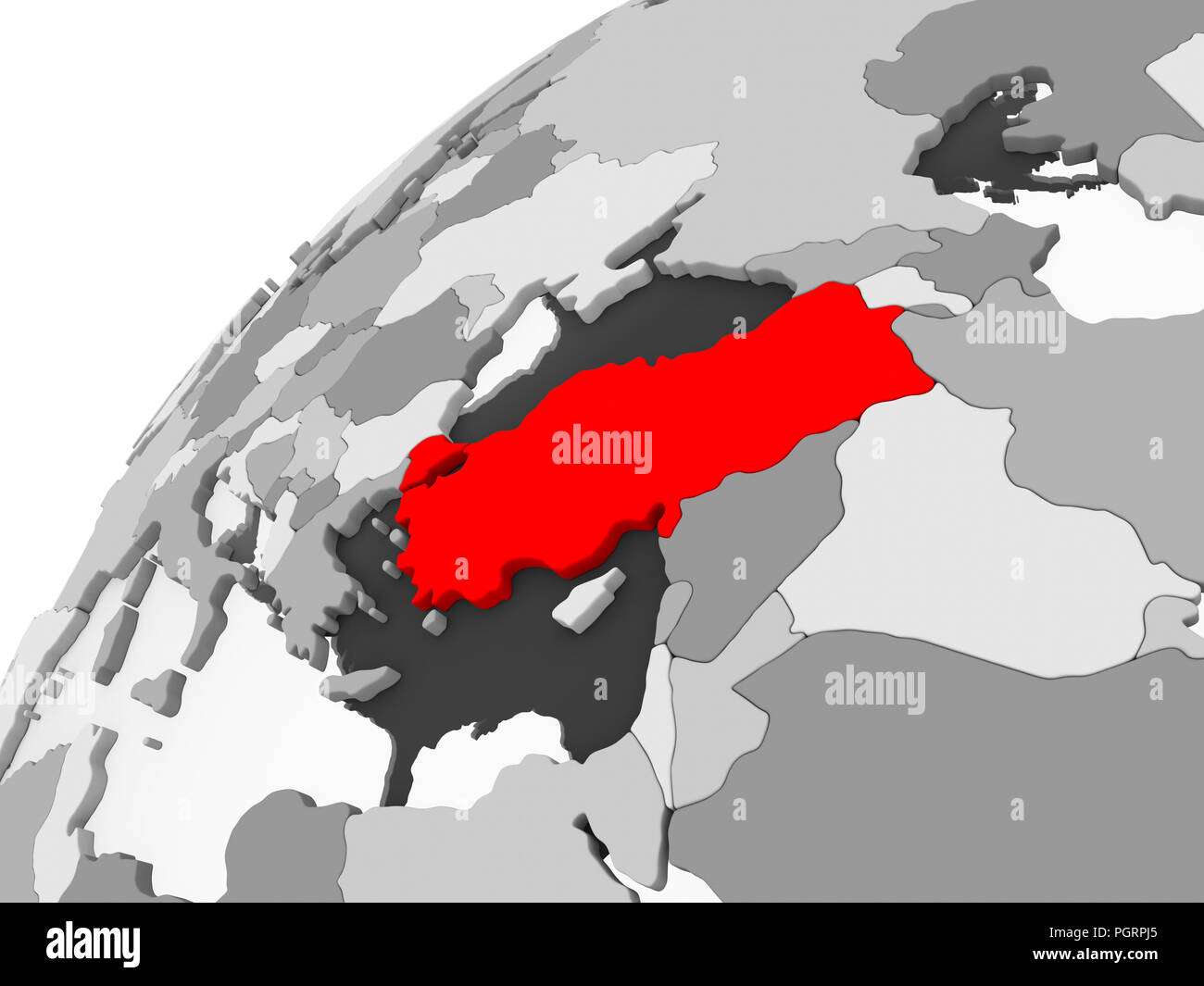 Map of Turkey in red on grey political globe with transparent oceans ...