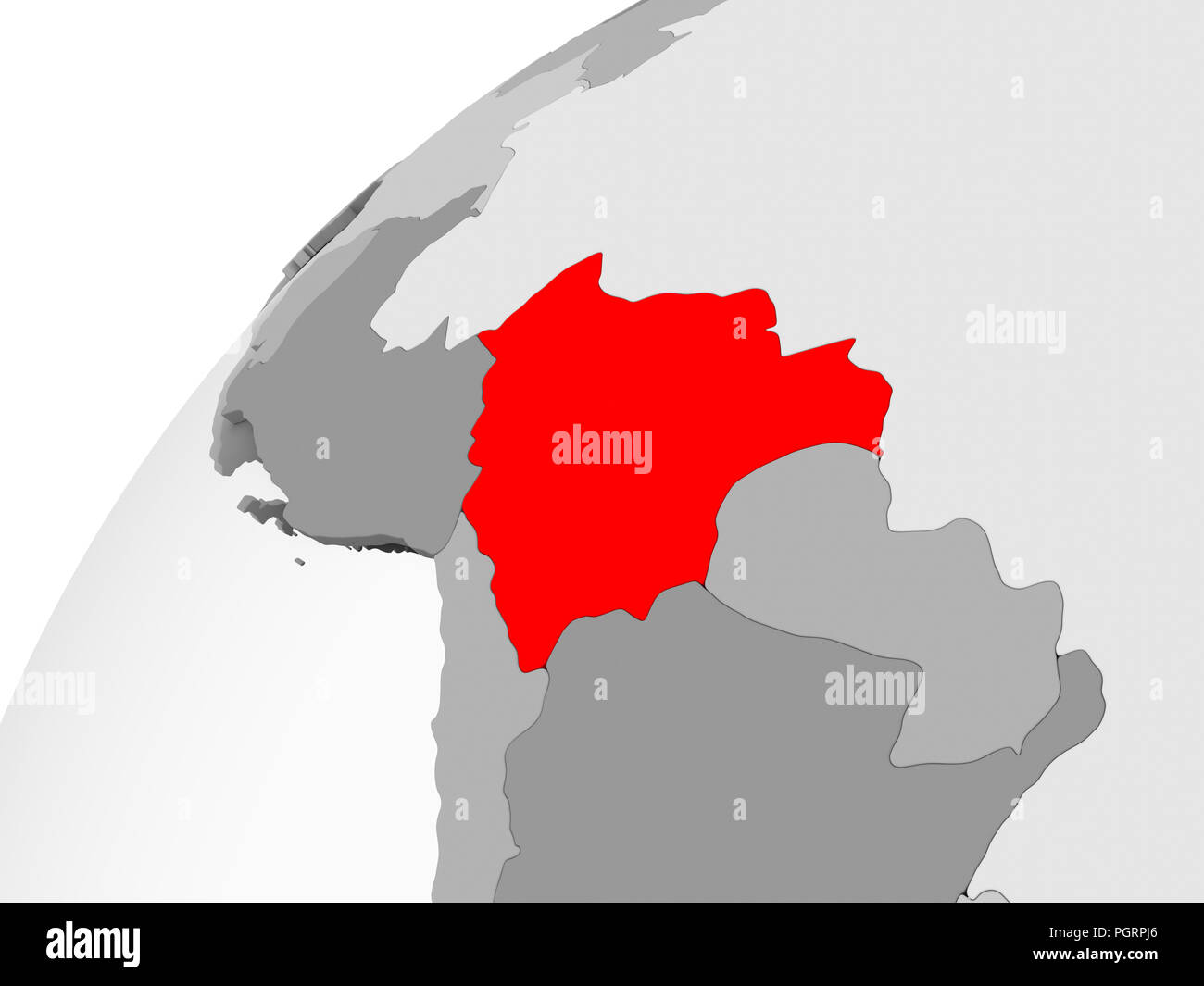 Map of Bolivia in red on grey political globe with transparent oceans ...