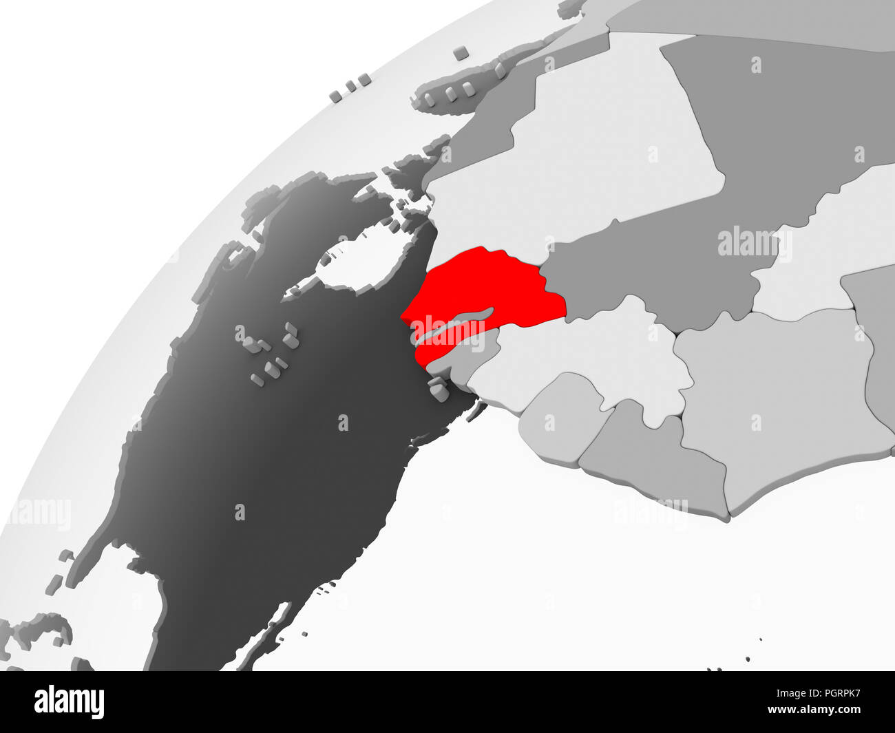 Map of Senegal in red on grey political globe with transparent oceans ...