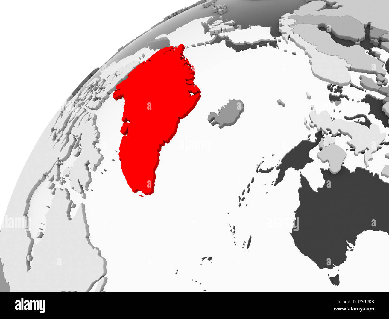 Map of Greenland in red on grey political globe with transparent oceans ...
