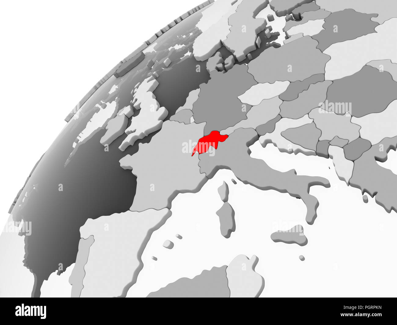 Map of Switzerland in red on grey political globe with transparent ...