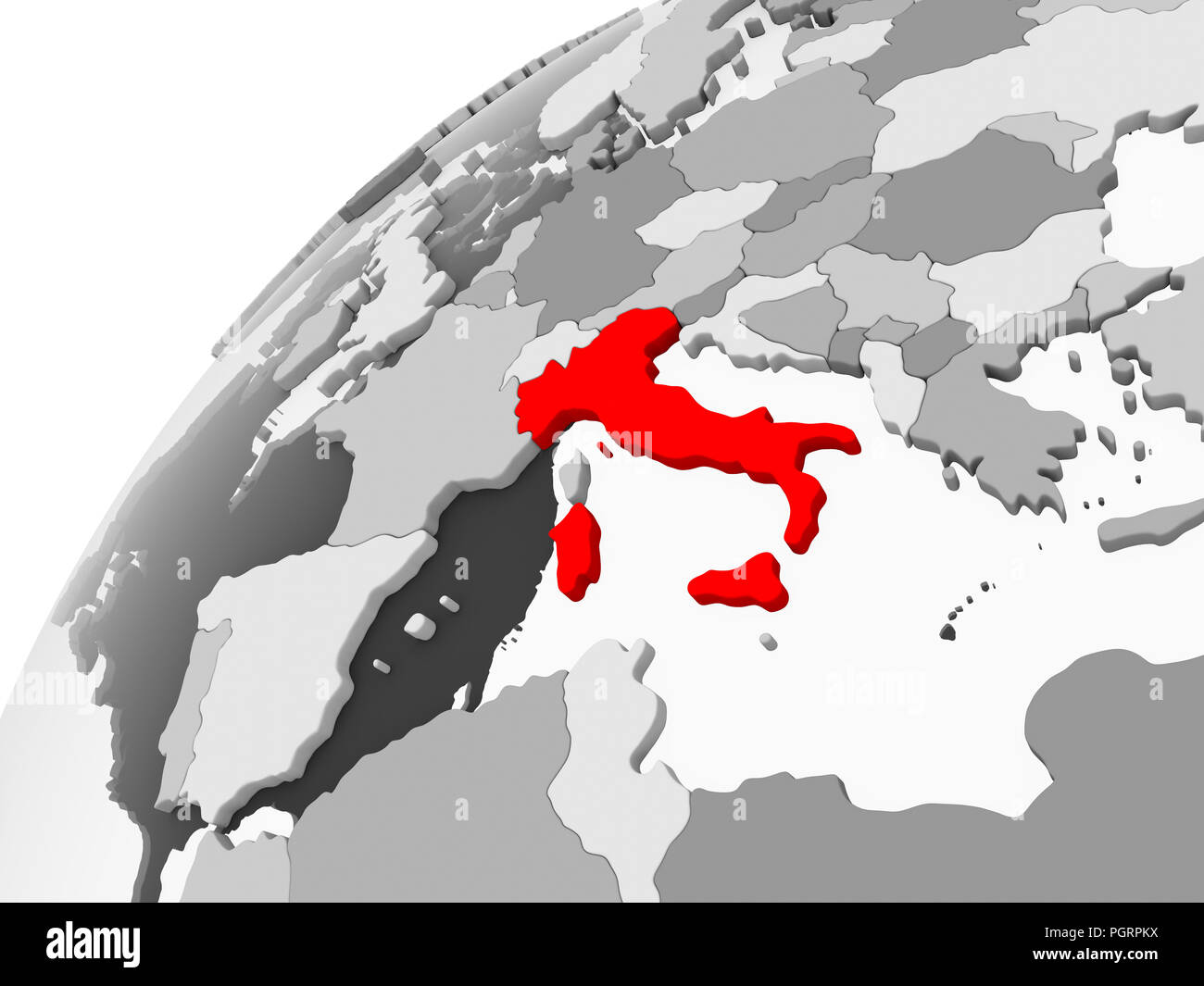 Map of Italy in red on grey political globe with transparent oceans. 3D ...