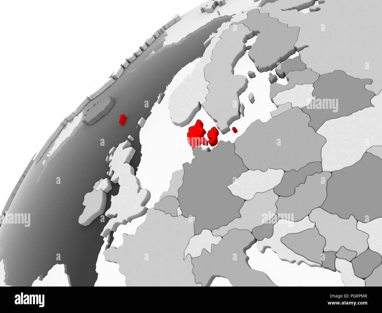 Map of Denmark in red on grey political globe with transparent oceans ...