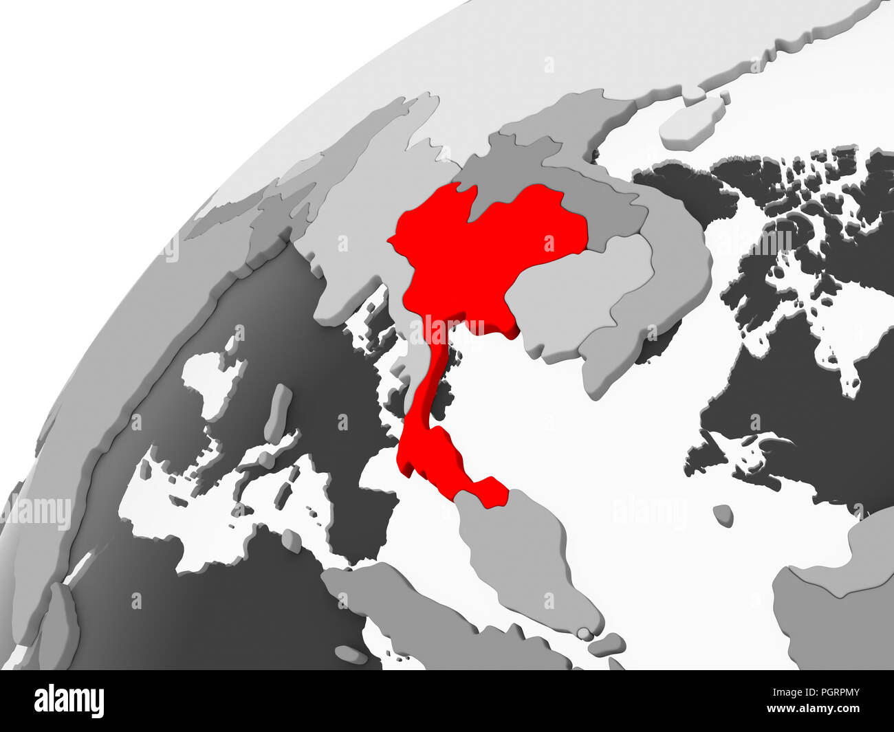 Map of Thailand in red on grey political globe with transparent oceans ...