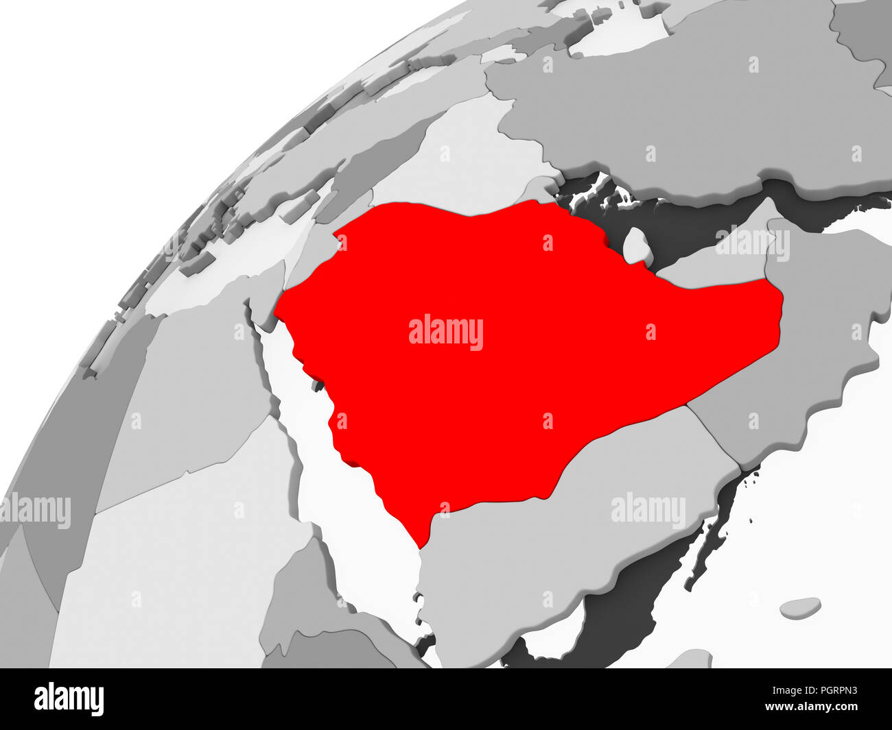 Map of Saudi Arabia in red on grey political globe with transparent ...