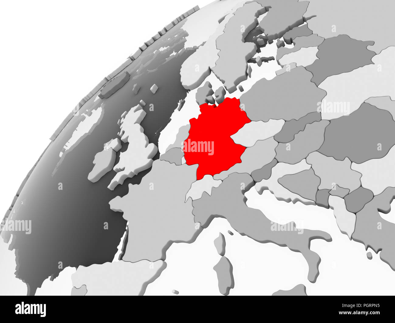 Map of Germany in red on grey political globe with transparent oceans ...