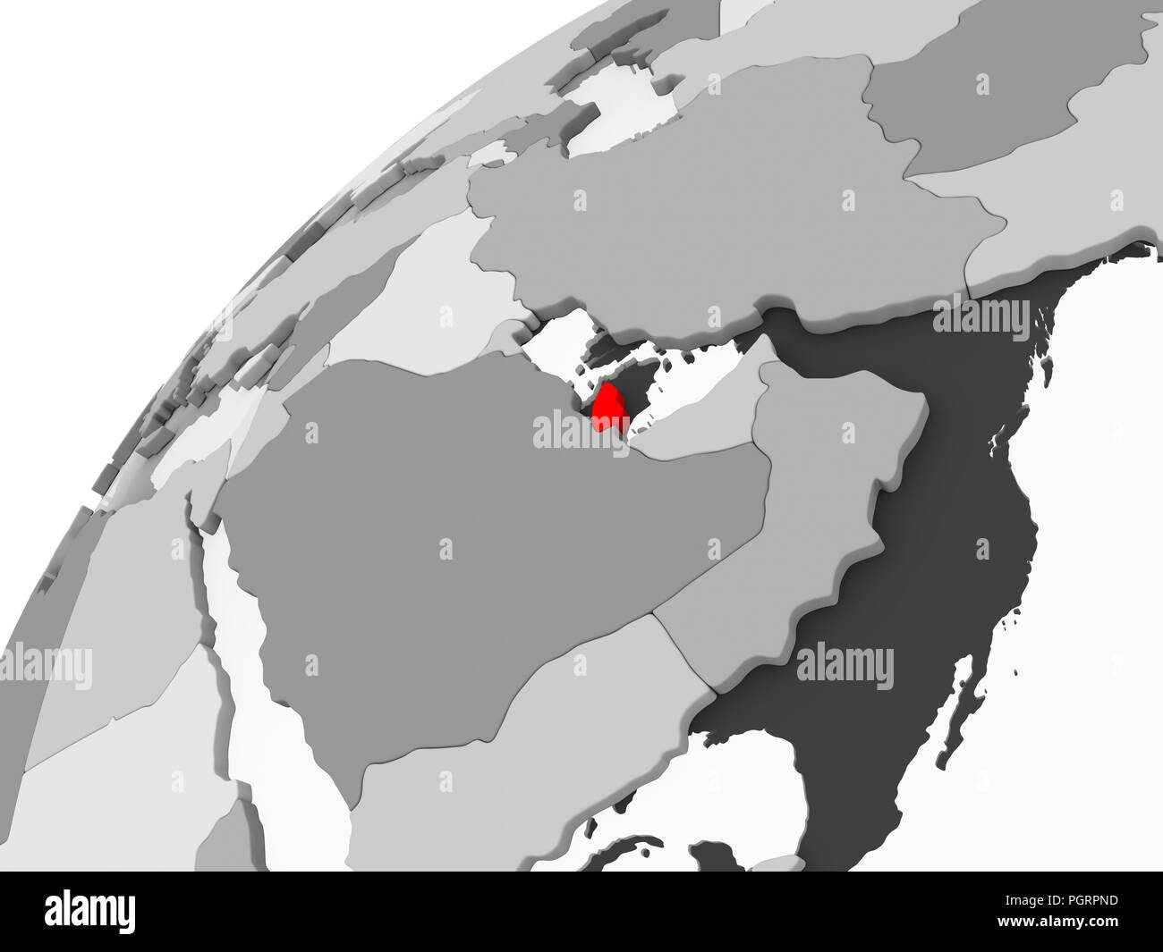 Map of Qatar in red on grey political globe with transparent oceans. 3D ...