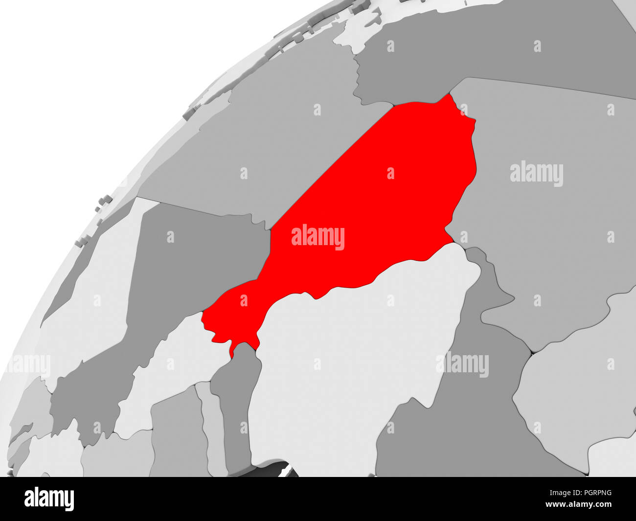 Map of Niger in red on grey political globe with transparent oceans. 3D ...