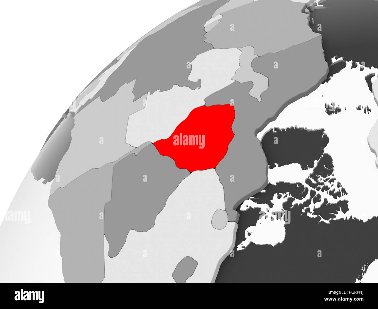 Map of Zimbabwe in red on grey political globe with transparent oceans ...