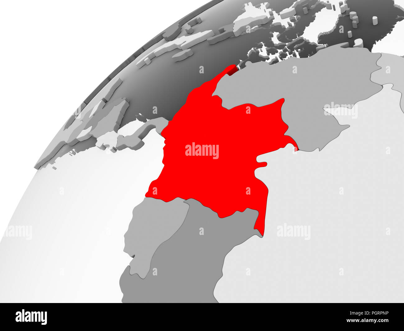 Map of Colombia in red on grey political globe with transparent oceans ...