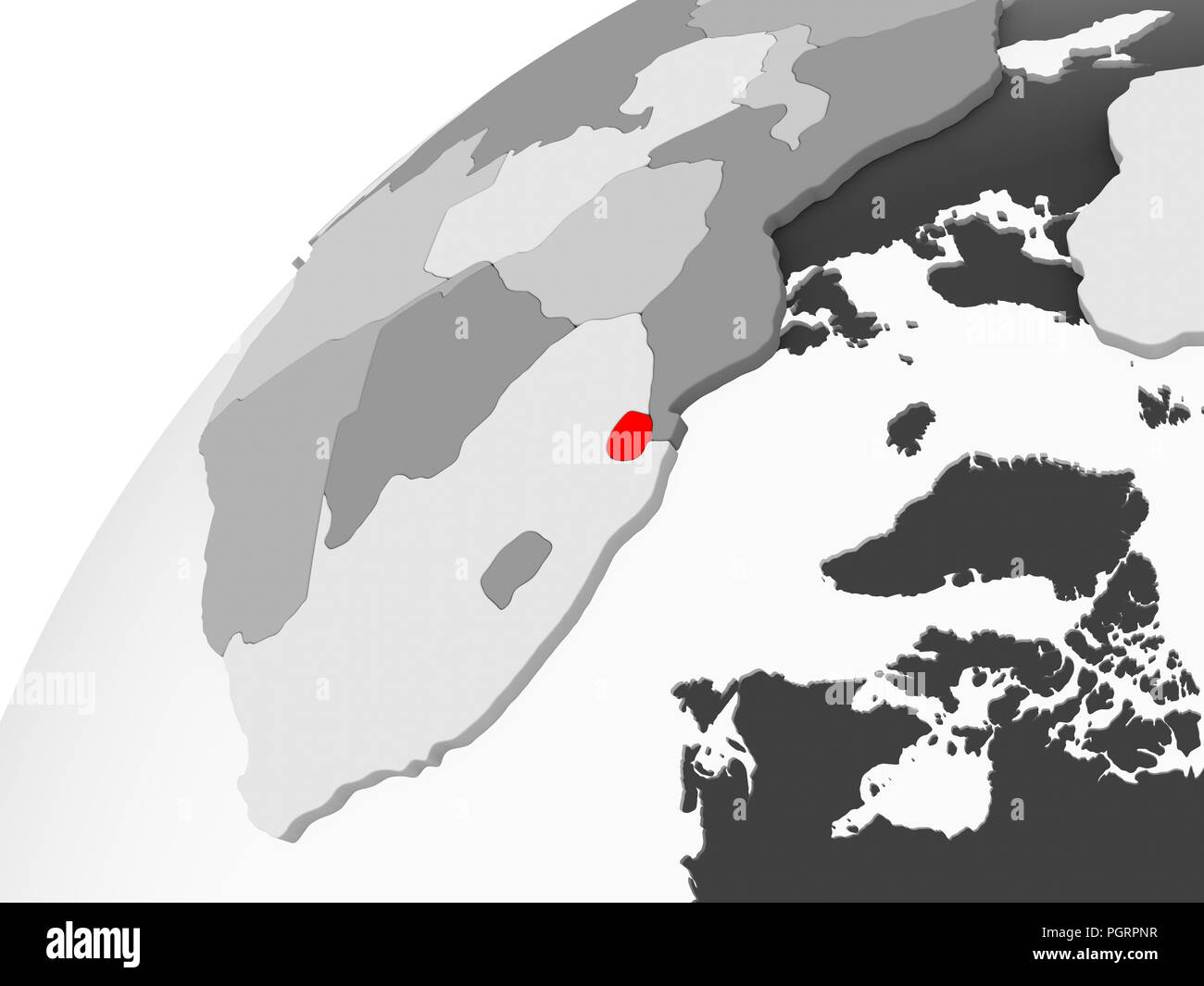 Map of Swaziland in red on grey political globe with transparent oceans ...