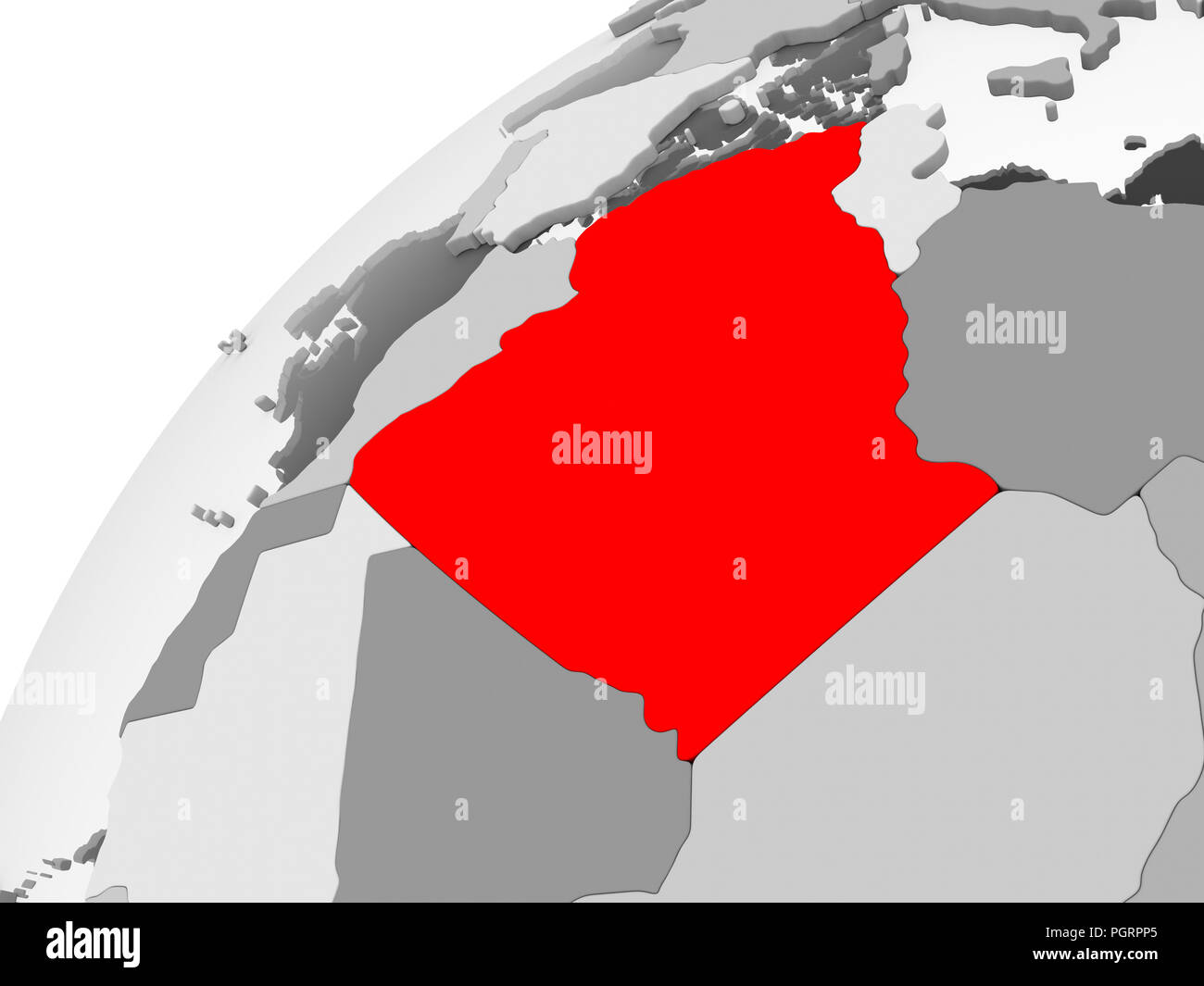 Map of Algeria in red on grey political globe with transparent oceans ...