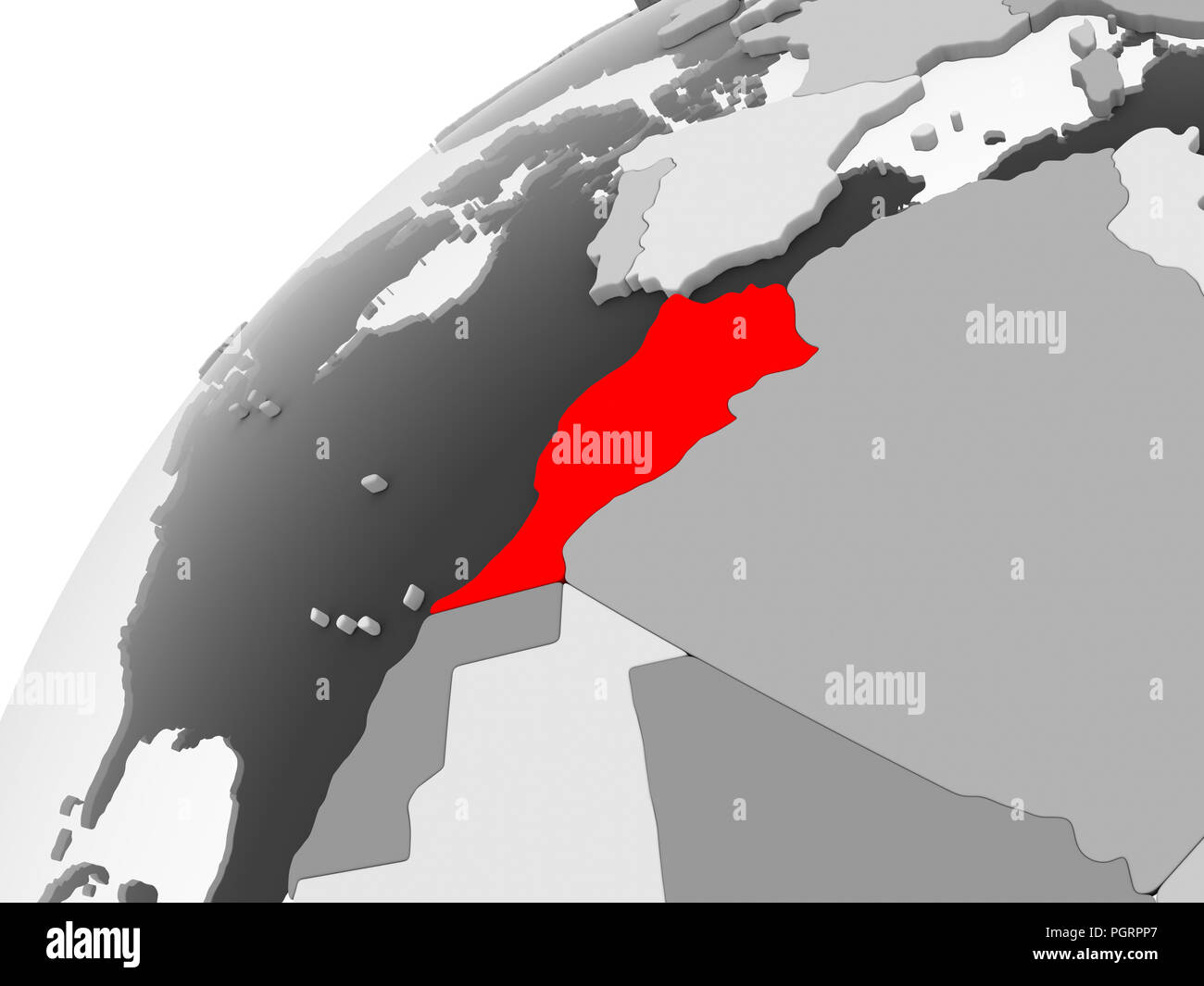 Map of Morocco in red on grey political globe with transparent oceans ...