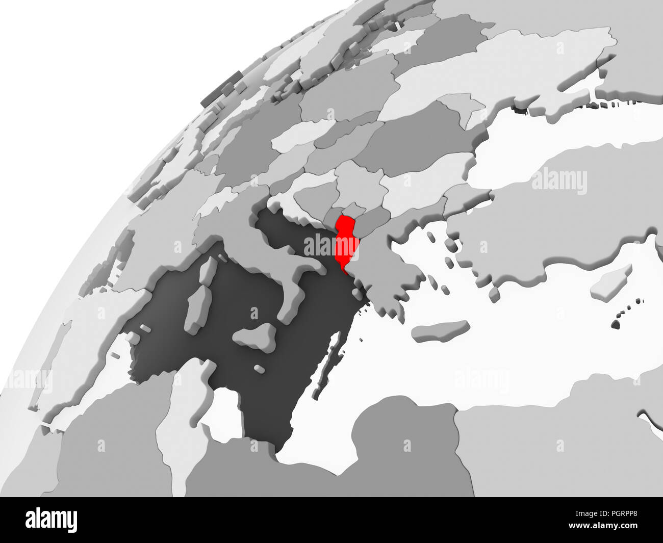 Map of Albania in red on grey political globe with transparent oceans ...