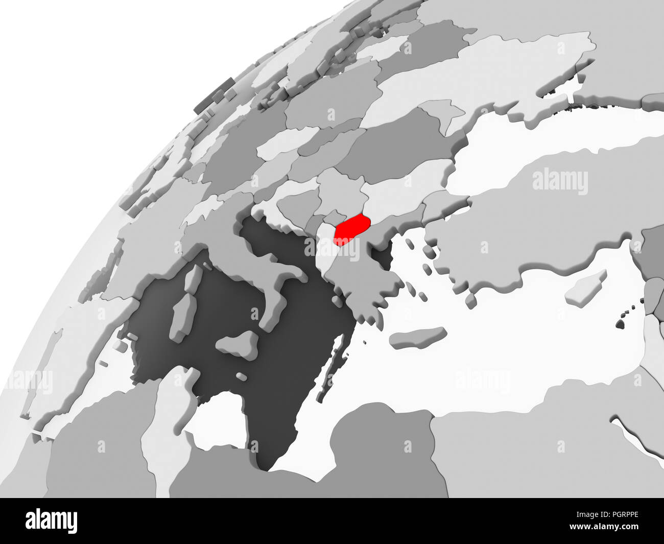 Map of Macedonia in red on grey political globe with transparent oceans ...