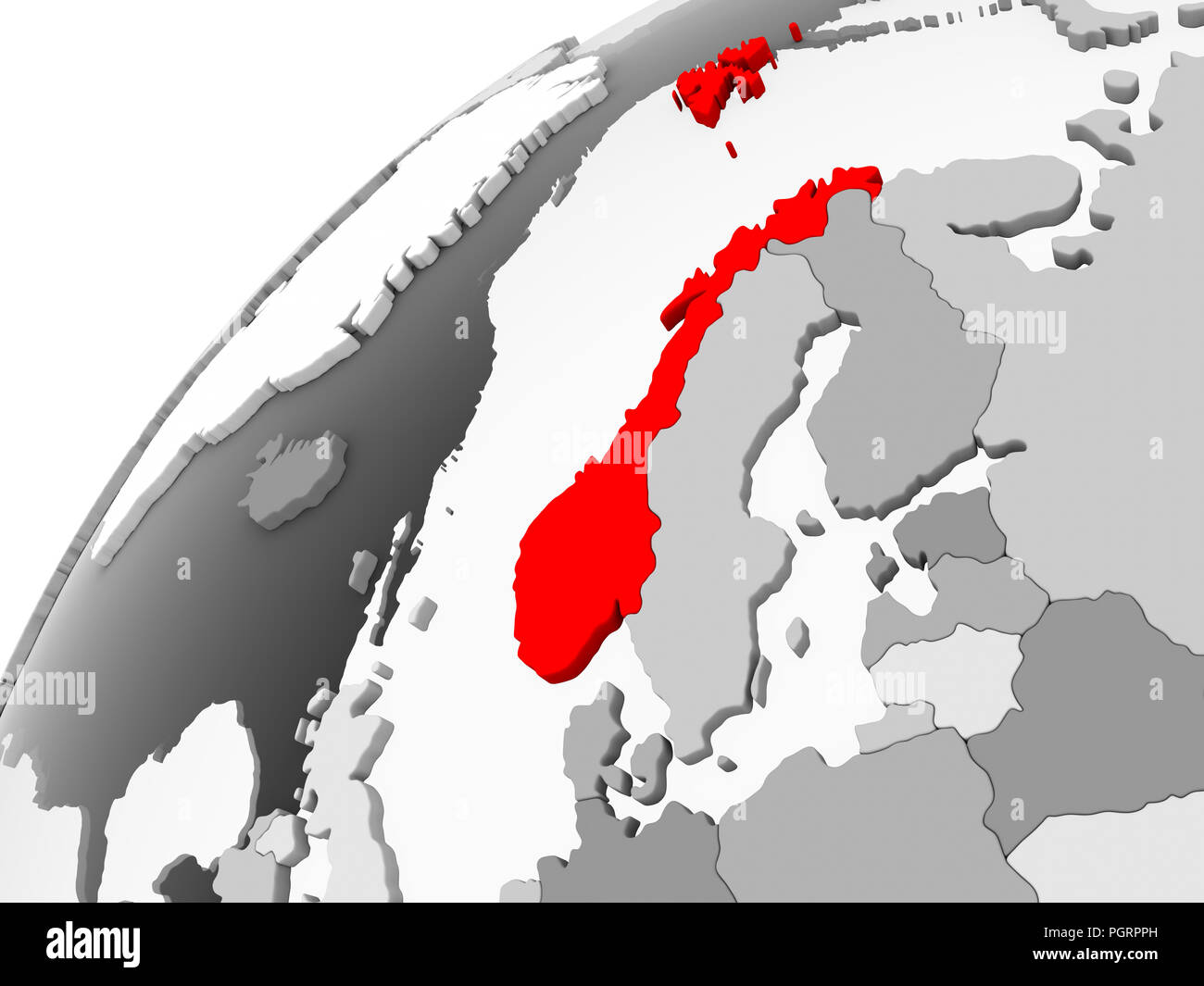 Map of Norway in red on grey political globe with transparent oceans ...